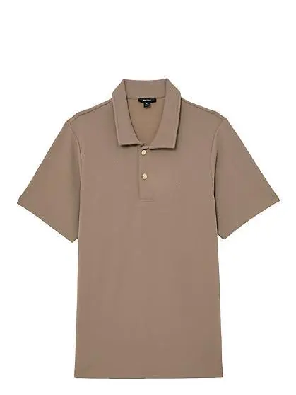 REISS Kennedy Buttoned Textured Polo Top - Camel Brown
