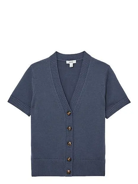 REISS V-neck Short-sleeve Cotton And Wool-blend Cardigan - Blue