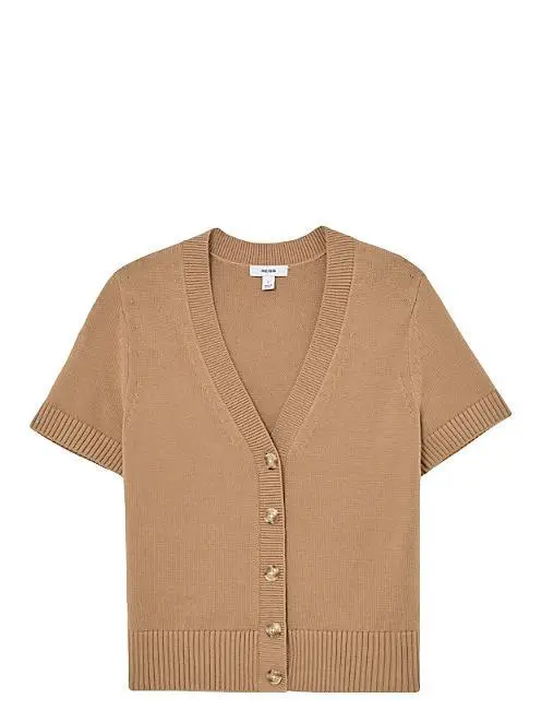 REISS V-neck Short-sleeve Cotton And Wool-blend Cardigan - Camel