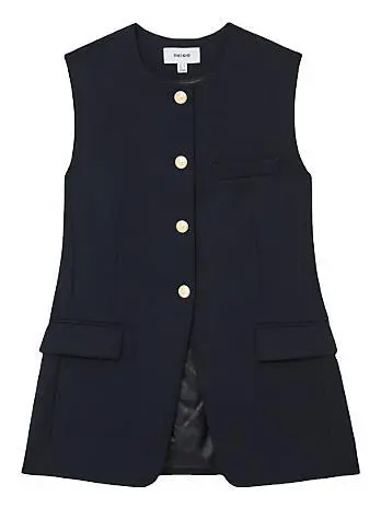 REISS Gabi Button-through Stretch-woven Waistcoat - Navy