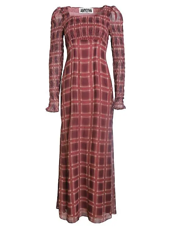 AMY LYNN Checkered Smocked Chiffon Maxi Dress - Burgundy