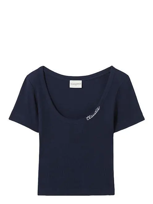 Claudie Pierlot Brand-embroidered Ribbed Cotton-jersey T-shirt - Navy