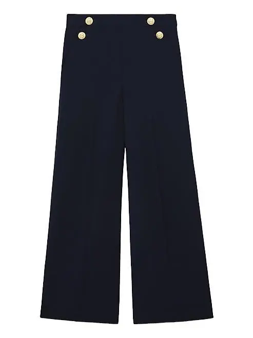 REISS Wide-leg Woven Trousers With Button Detail - Navy
