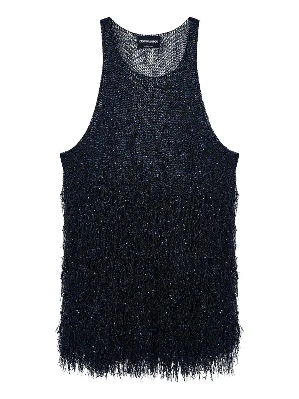 Giorgio Armani Lurex Jersey Top With Sequined Fringes - Blue