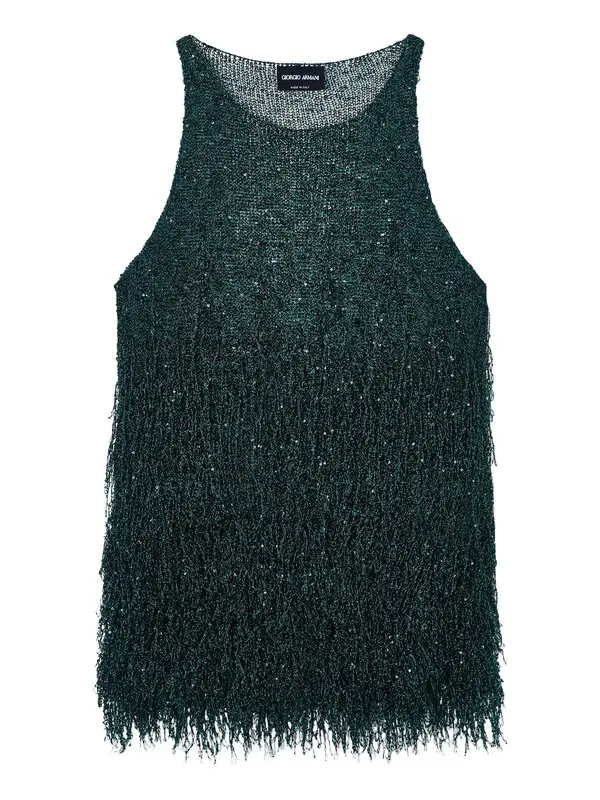 Giorgio Armani Lurex Jersey Top With Sequined Fringes - Green