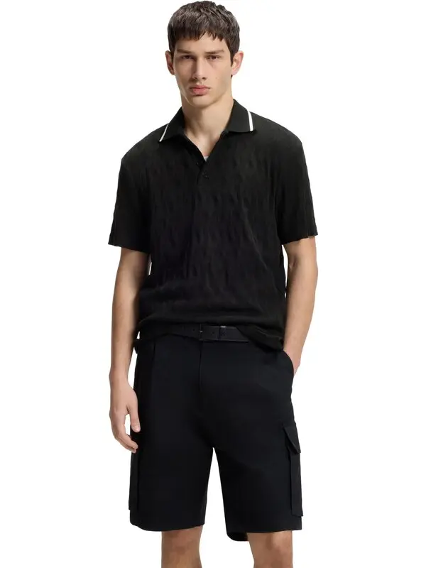 Hugo Stripe-collar Polo Shirt In Cotton Jacquard - Black