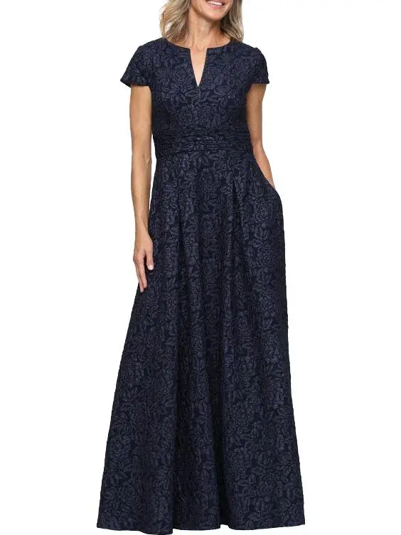 Alex Evenings Embossed Short Sleeve Maxi Dress - Navy
