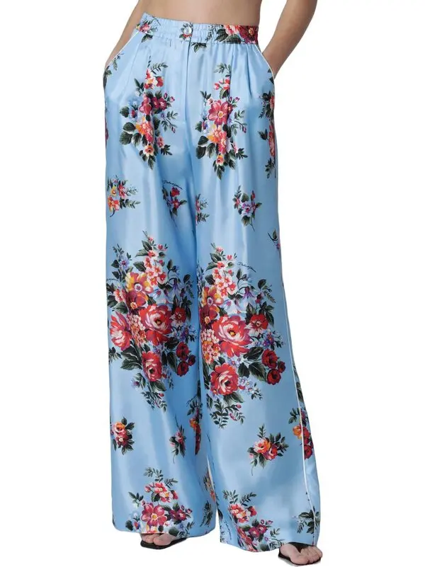 Dolce & Gabbana Floral Print Silk Twill Trousers - Light Blue