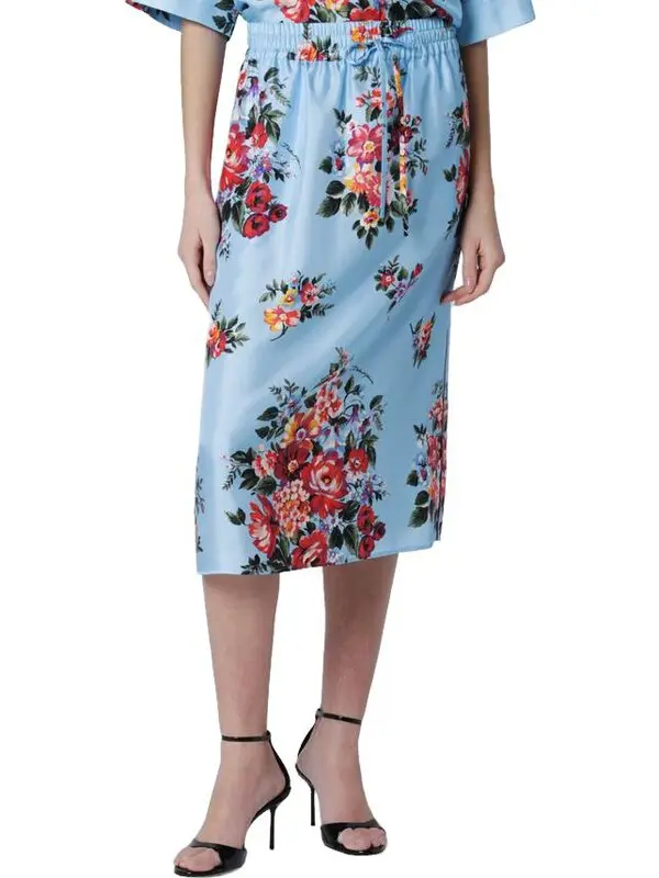Dolce & Gabbana Silk Twill Skirt With Floral Print - Light Blue