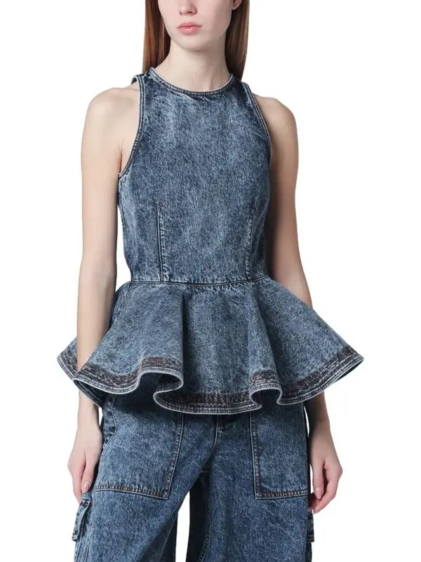 Alaïa Denim Peplum Top - Blue
