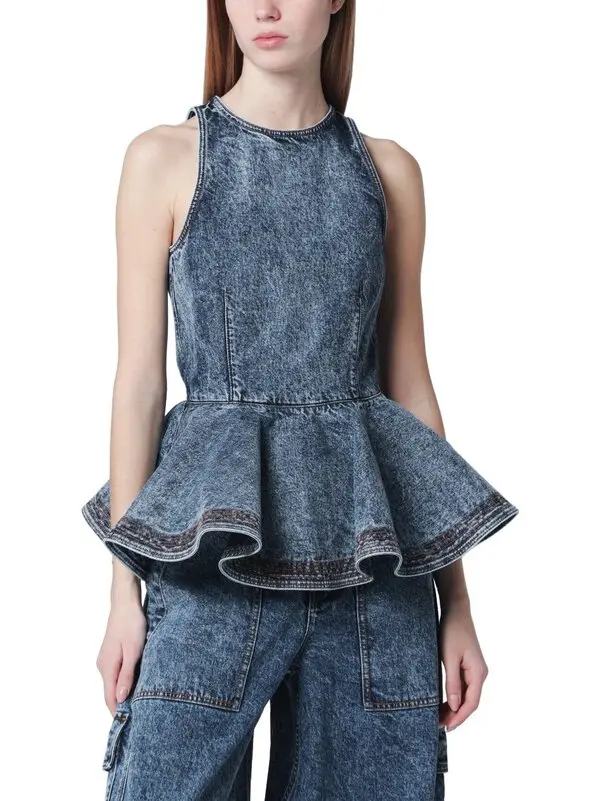 Alaïa Denim Peplum Top - Blue