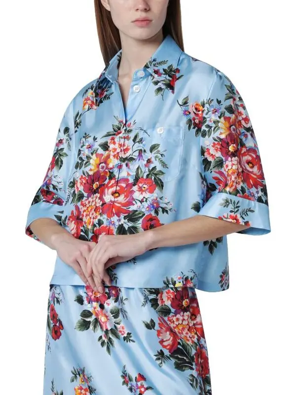 Dolce & Gabbana Floral Print Silk Twill Shirt - Light Blue