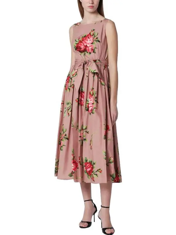 Dolce & Gabbana Cotton Midi Dress With Rose Print - Pink