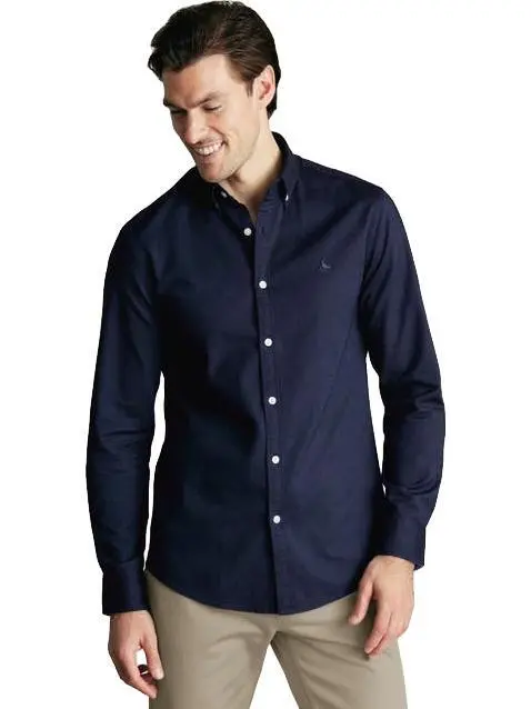 CHARLES TYRWHITT Plain Button-down Stretch Washed Oxford Shirt - Ink Blue
