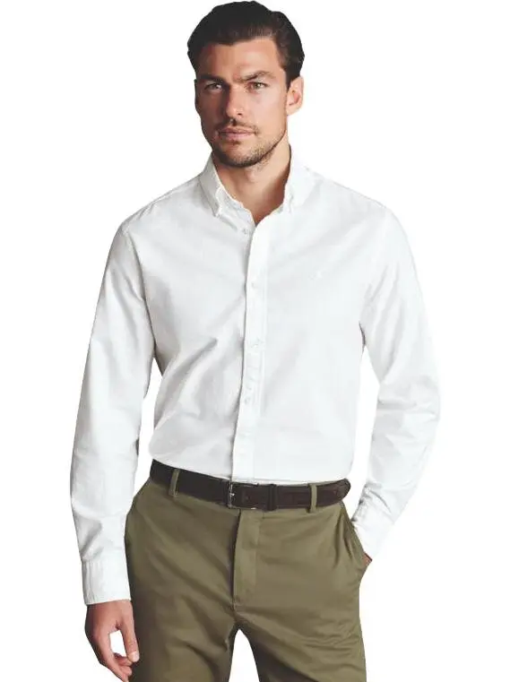 CHARLES TYRWHITT Plain Button-down Stretch Washed Oxford Shirt - White