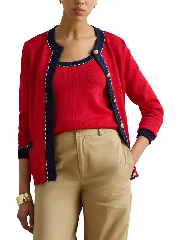Ralph Lauren Two-tone Trim Cardigan - Cruise Red/multi