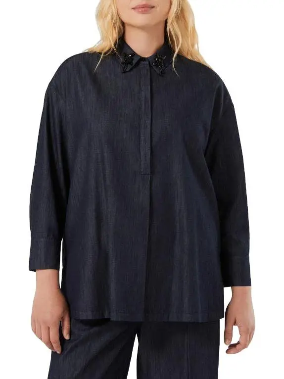 Marina Rinaldi Abile Beaded Collar Denim Jacket - Blue Jeans