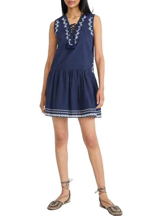 THE GOOD JOURNEY Sleeveless Cotton Minidress With Embroidery - Indigo