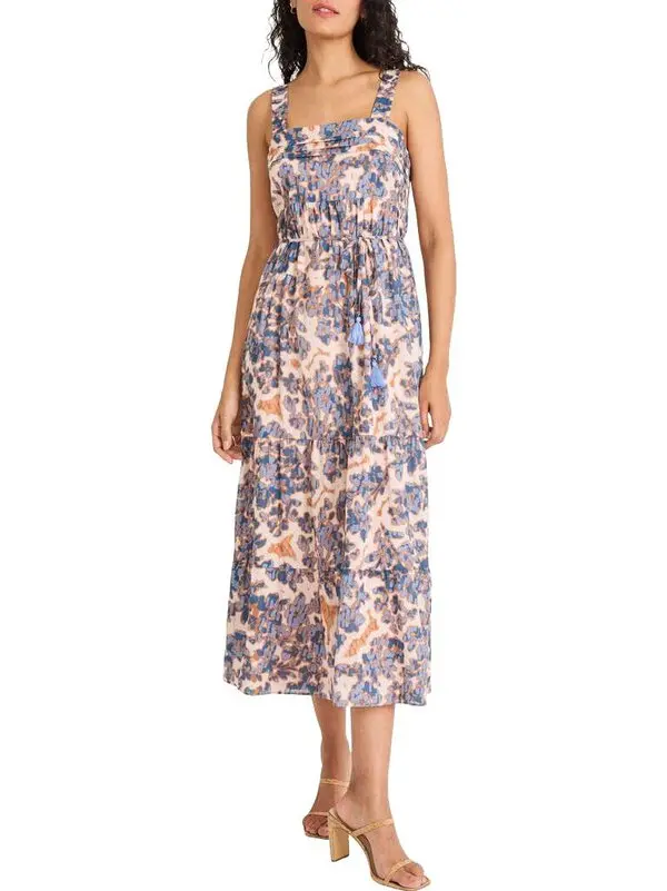 THE GOOD JOURNEY Floral Print Sleeveless Cotton Midi Dress - Navy/mocha