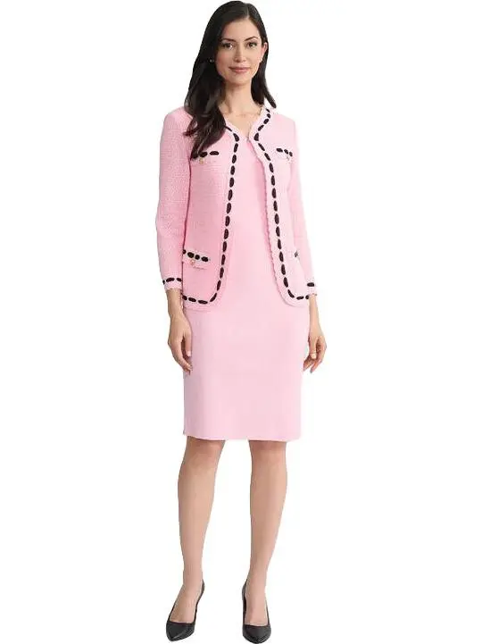 Ming Wang Heritage Faux Ribbon Trim Knit Jacket - Perfect Pink/black