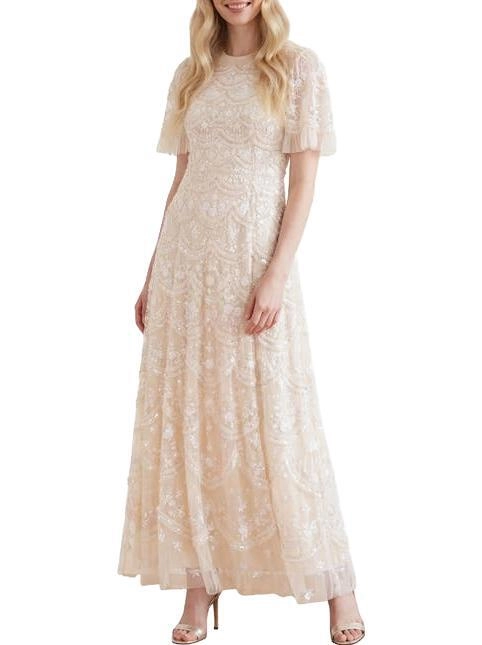 NEEDLE & THREAD Lily Bloom Embroidered Tiered Gown - Cream