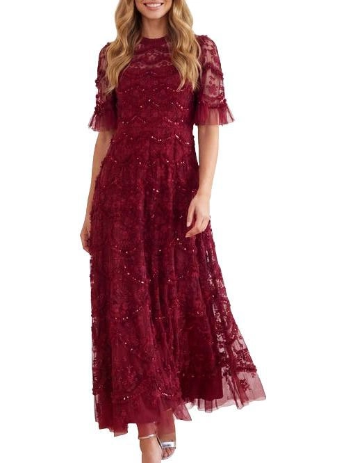NEEDLE & THREAD Lily Bloom Embroidered Tiered Gown - Garnet