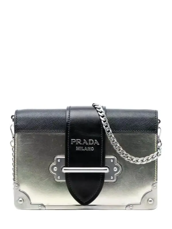Prada Saffiano Trimmed Metallic Vitello Cahier Crossbody Bag - Gold