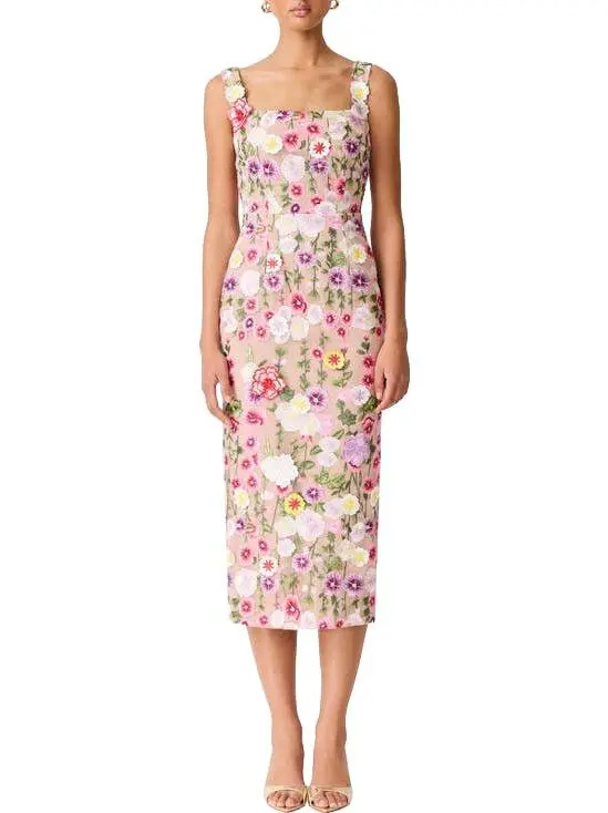 ELLIATT Neve Floral Appliqué Midi Dress - Nude Multi Floral