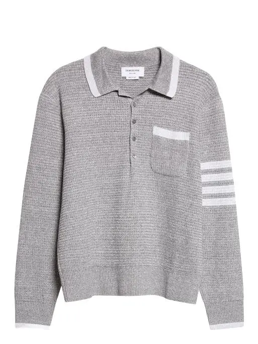Thom Browne Relaxed 4-bar Textured Stitch Linen & Cotton Polo Sweater - Light Grey