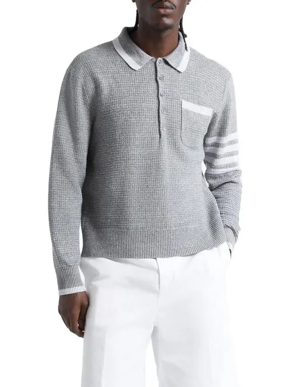 Thom Browne Relaxed 4-bar Textured Stitch Linen & Cotton Polo Sweater - Light Grey
