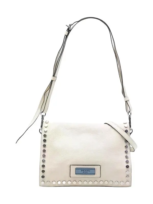 Prada Glace Calfskin Studded Etiquette Flap Shoulder Bag - White