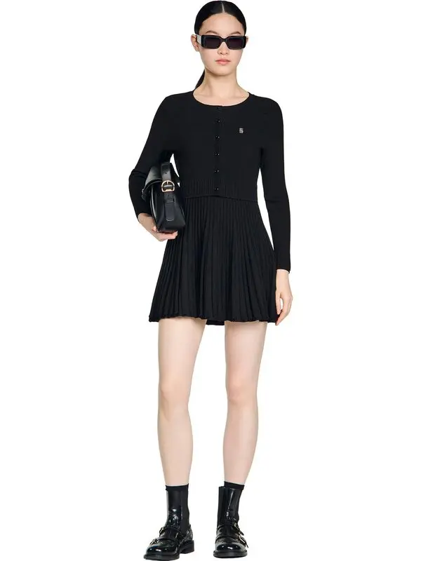 Sandro Pleated Knit Mini Dress - Black