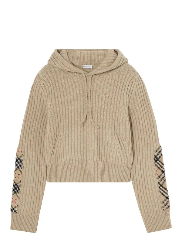 Burberry Checked Bouclé-trimmed Ribbed Wool And Cashmere-blend Hoodie - Beige