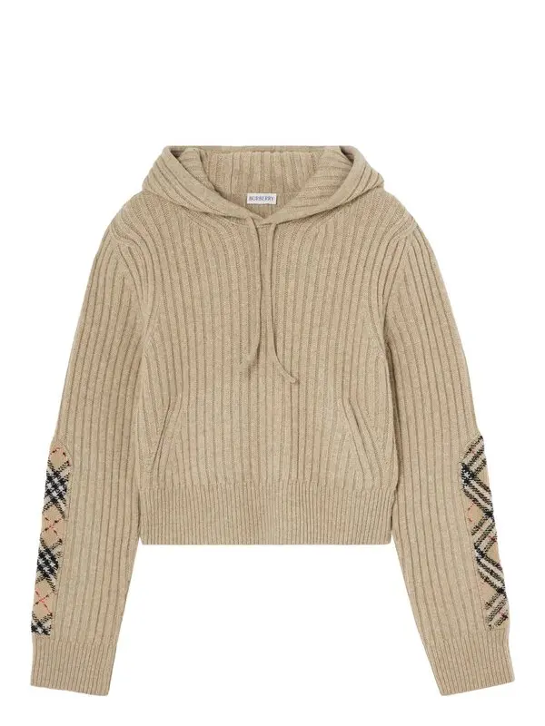Burberry Checked Bouclé-trimmed Ribbed Wool And Cashmere-blend Hoodie - Neutrals