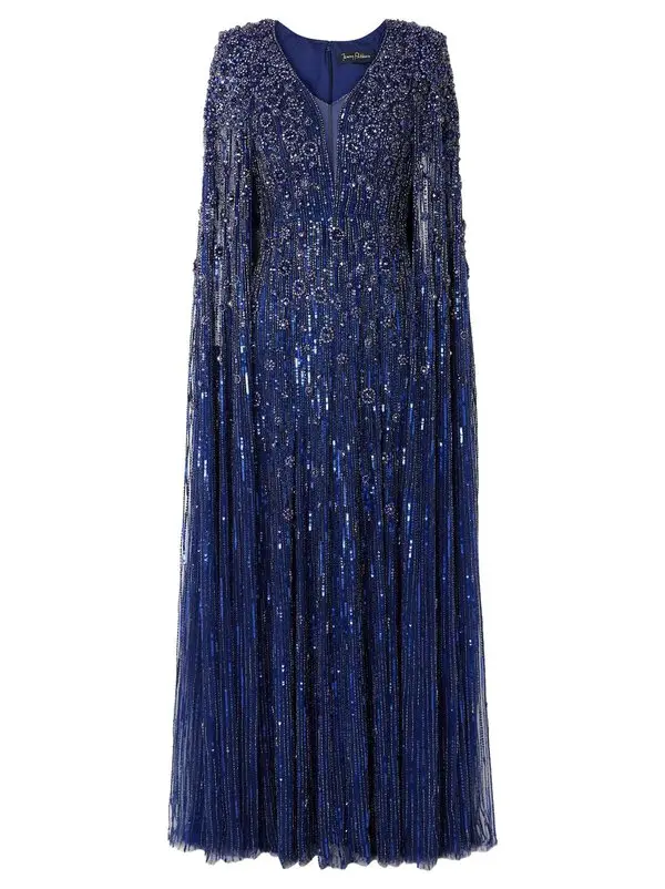 Jenny Packham Sweet Silva Cape-effect Embellished Tulle Gown - Blue
