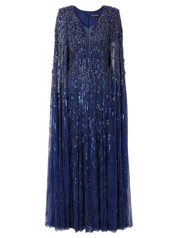 Jenny Packham Sweet Silva Cape-effect Embellished Tulle Gown - Navy