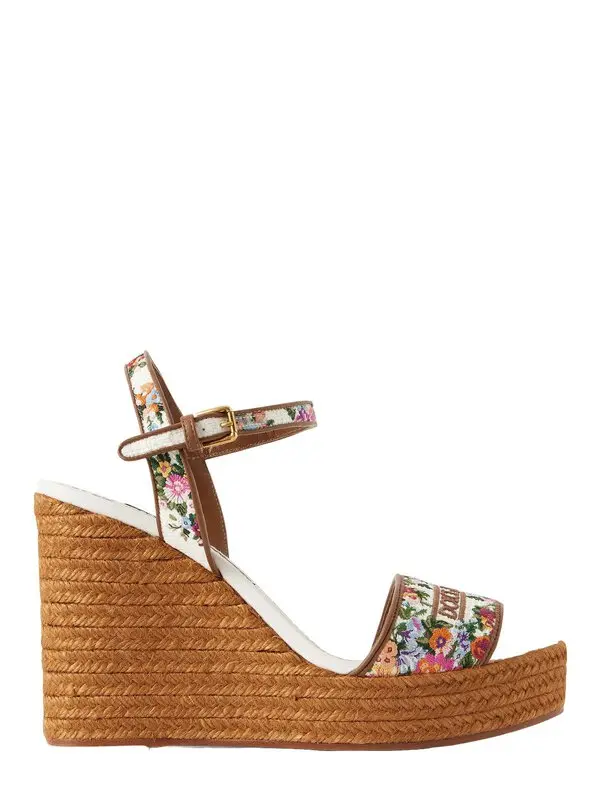 Dolce & Gabbana Leather-trimmed Embroidered Canvas Platform Wedge Sandals - Neutrals