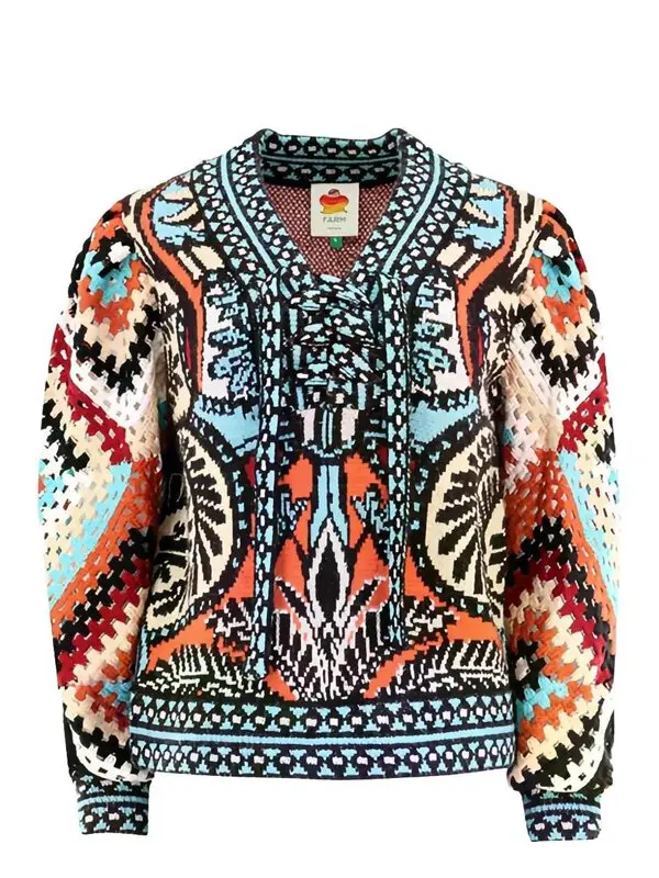 Farm Rio Crochet V-neck Sweater - Blue