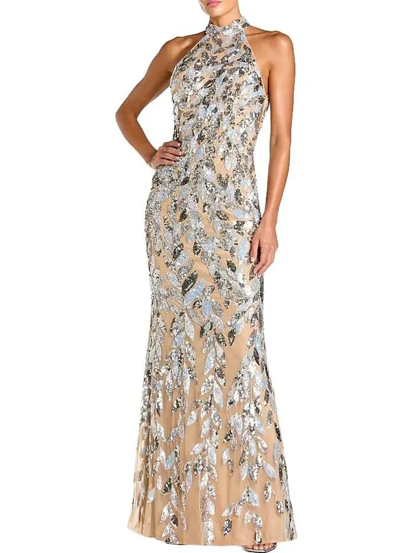 Mac Duggal Sequin Halter Column Gown - Silver Nude
