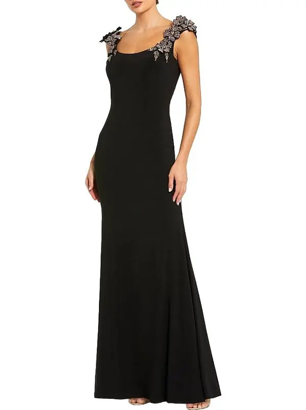 Mac Duggal Jersey Scoop Neck Gown With 3d Floral Embellishments - Black
