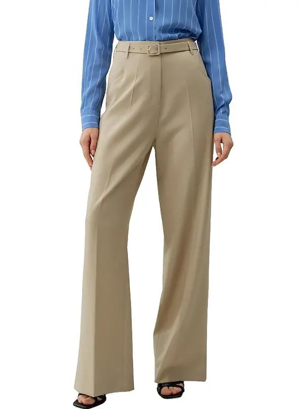 Lilysilk Silk Wool High-waisted Wide-leg Pants - Almond