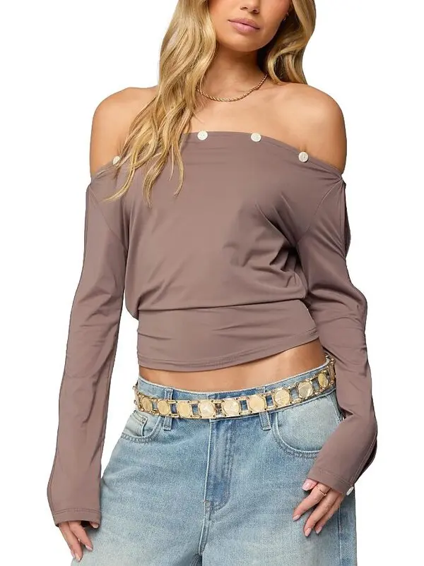 EDIKTED Off-shoulder Button Cutout Top - Brown