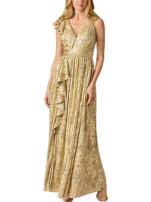 Adrianna Papell Metallic Ruffled Dress - Champagne/ Gold