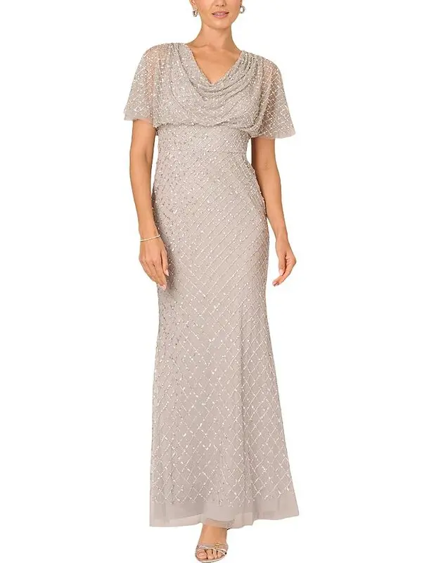 Adrianna Papell Beaded Cowl Neck Gown - Crystal Silver