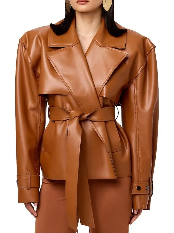 Naked Wardrobe Leather Cropped Trench Jacket - Camel