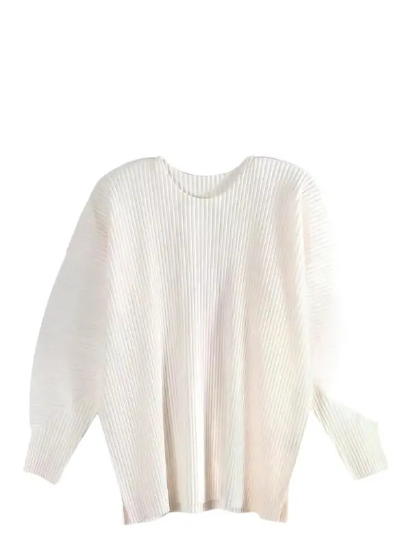 Issey Miyake Beige Pleated Crew Neck Long Sleeve Top - Neutrals