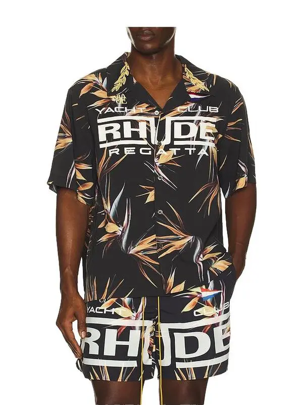 Rhude Regatta Club Hawaiian Shirt In Black - Multi  Yellow  & White