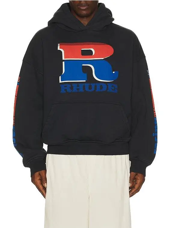 Rhude Split Petrol Logo Hoodie - Vintage Black  Red  & Blue