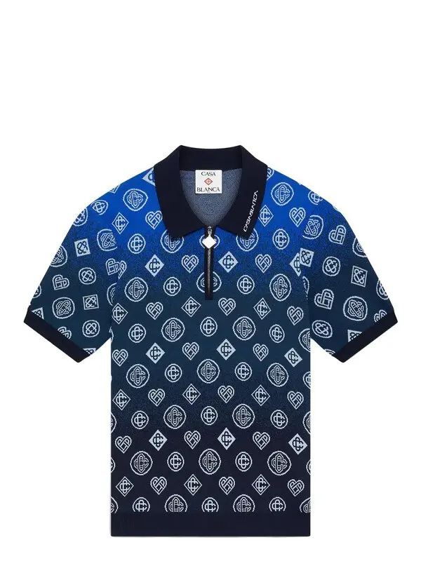Casablanca Navy Gradient Monogram Knitted Short Sleeve Polo Shirt - Multicolor