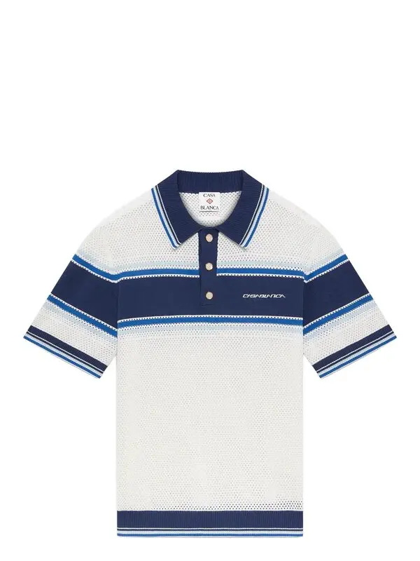 Casablanca White & Striped Mesh Short Sleeve Polo Shirt - Blue